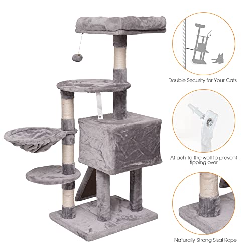 MQ Cat Tree Tower 47.3 in, Multi Level Cat Scratching Post with Condo, Ladder, Hammock & Plush Perches for Kittens, Adult Cats, Light Gray