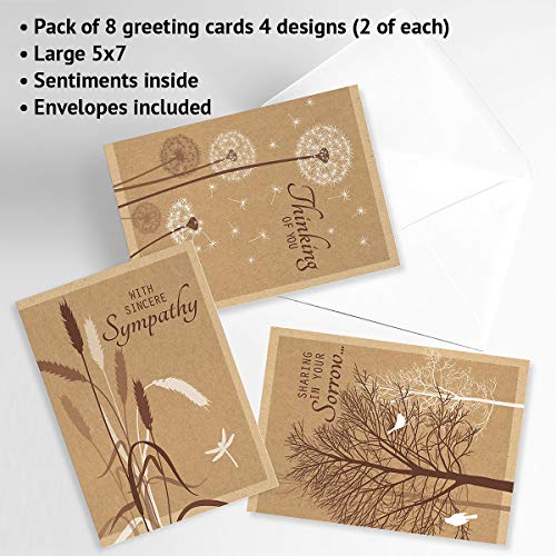 Kraft Sympathy Greeting Cards - Set of 8 (4 designs), Large 5" x 7", Sympathy Cards with Sentiments Inside, Includes White Envelopes…