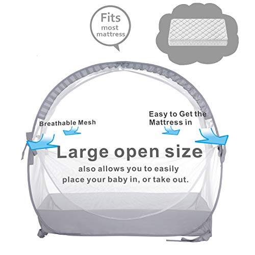 ZXPLO Baby Safety Crib Tent Infant Pop up Mosquito Net Nursery Bed Canopy Netting Cover - Keep Baby from Climbing Out with Hanging Diaper Storage Bag (Gray)