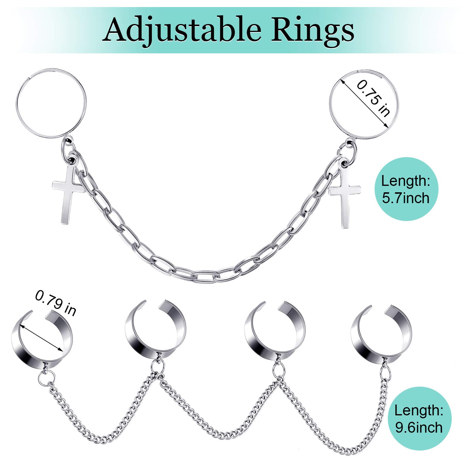 Batiyeer 4 Pieces Punk Chain Finger Rings Adjustable Stackable Ring Vintage Gothic Statement Open Cuff Ring Knuckle Link Chain Ring for Women Men Teens Girls