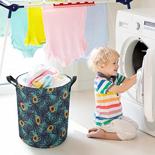 Avocado and Leaves Laundry Basket Round Collapsible Storage Bin with Drawstring and Handle for Bedroom Bathroom Toys Room 17.3" X 13.8"