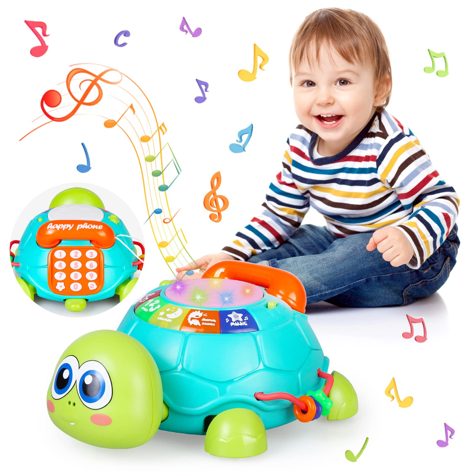 kramow Musical Turtle Toy, Early Educational Developmental Toys, Baby Learning Toy W/Lights & Sounds, Pretend Phone Call,Crawling Baby Toy