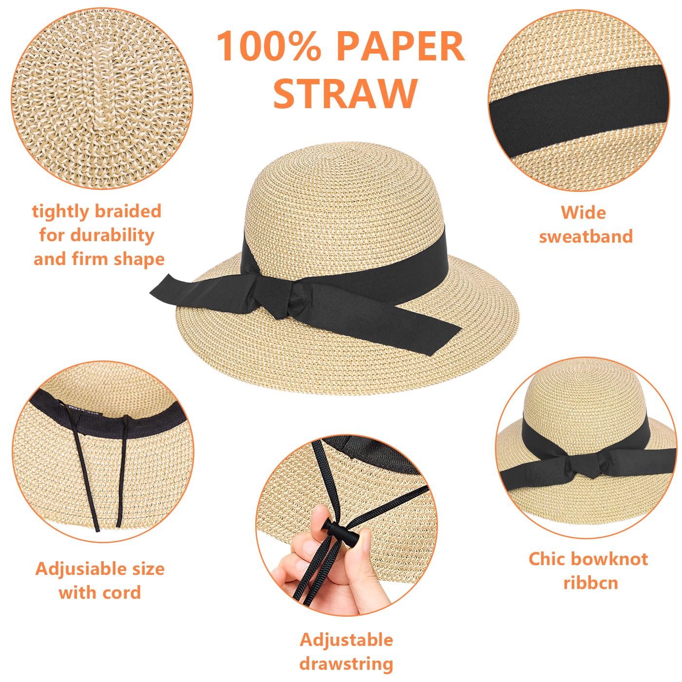 Beach Hats for Women, Sun Hats for Women Straw Hat, UPF 50+ UV Protection Summer Hat, Floppy Wide Brim Hats for Women Foldable