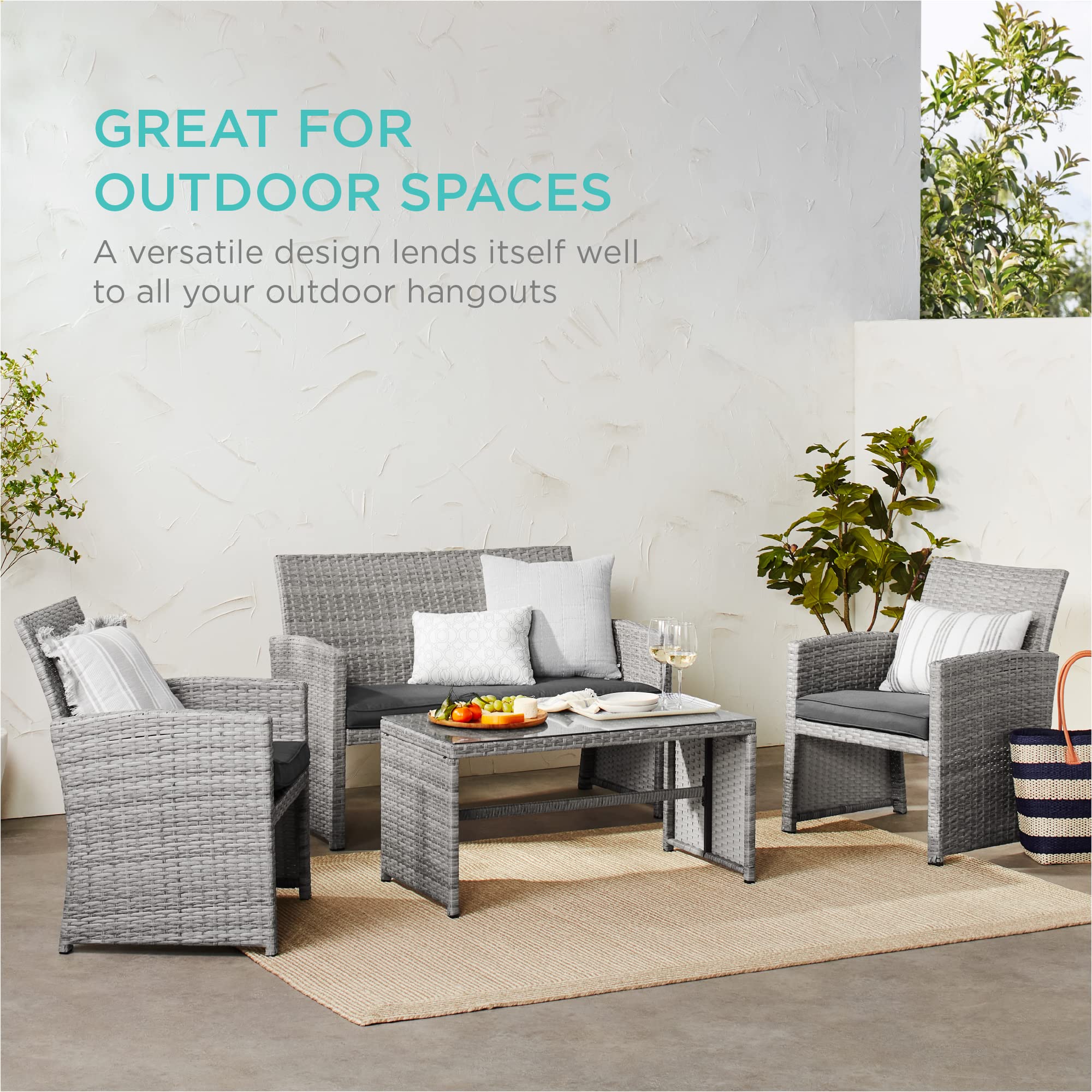 Best Choice Products 4-Piece Outdoor Wicker Patio Conversation Furniture Set for Backyard w/Coffee Table, Seat Cushions - Gray/Gray