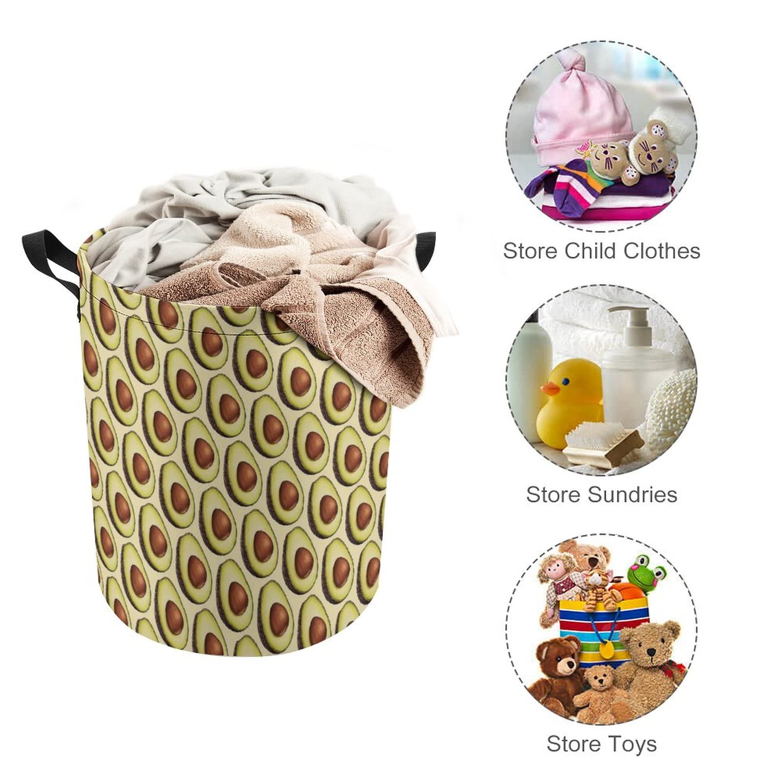 Avocado Laundry Basket Round Collapsible Storage Bin with Drawstring and Handle for Bedroom Bathroom Toys Room 17.3" X 13.8"