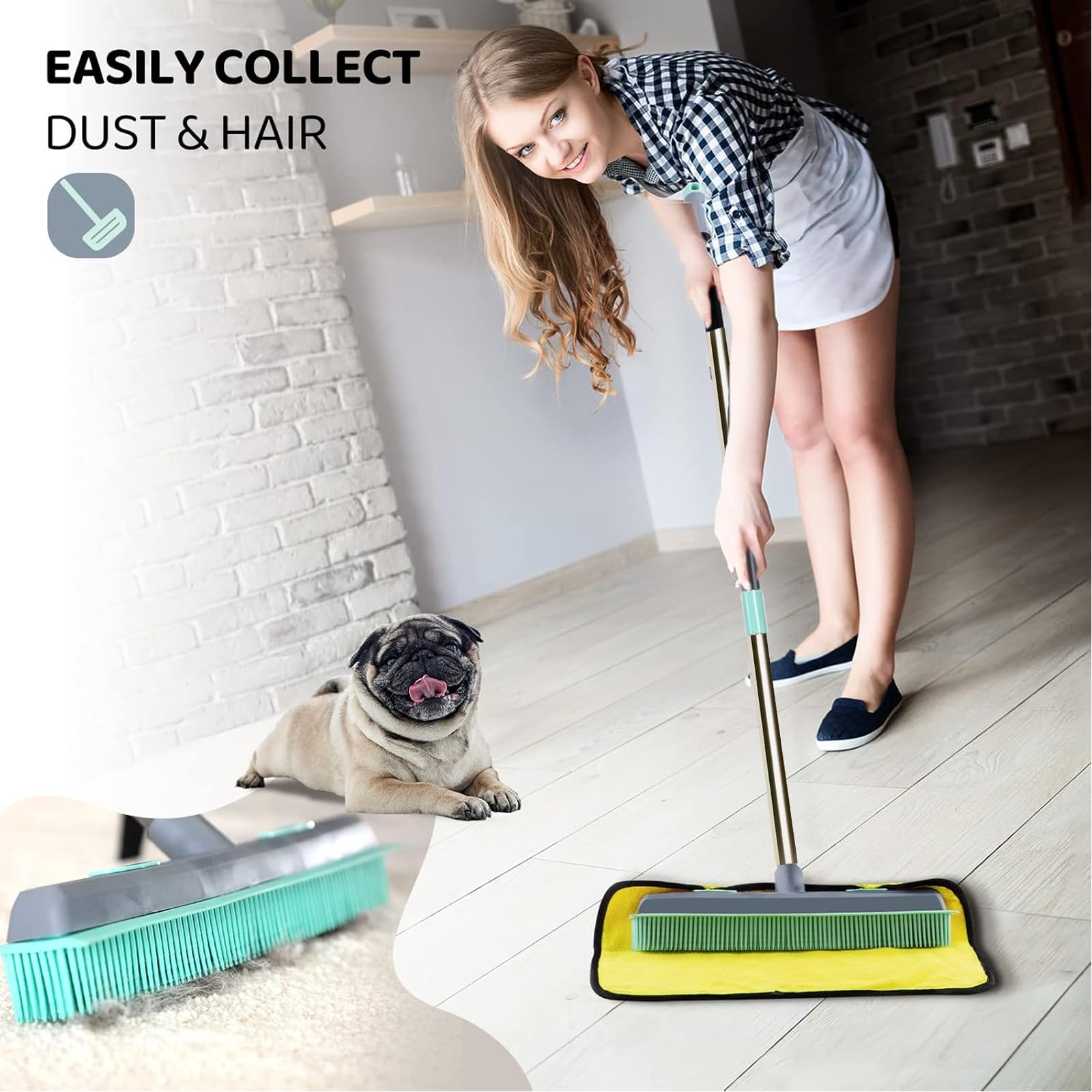 Conliwell Rubber Broom Carpet Rake for Pet Hair, Fur Remover Broom with Squeegee, Portable Detailing Lint Remover Brush (Stainless Steel Handle)