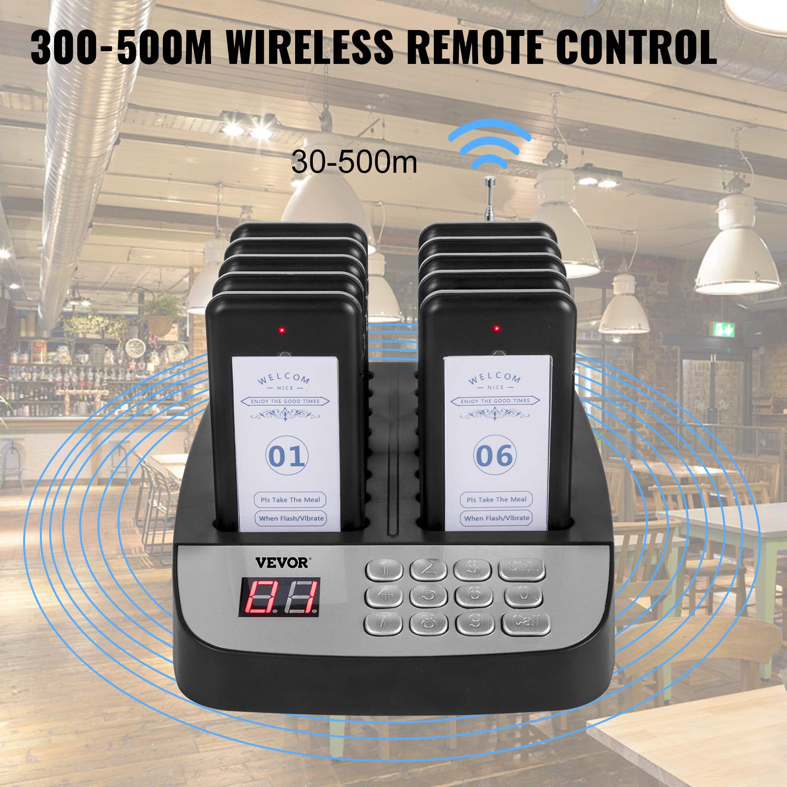 VEVOR F100 Restaurant Pager System 16 Pagers, Max 98 Beepers Wireless Calling System, Set with Vibration, Flashing and Buzzer for Church, Nurse,Hospital & Hotel