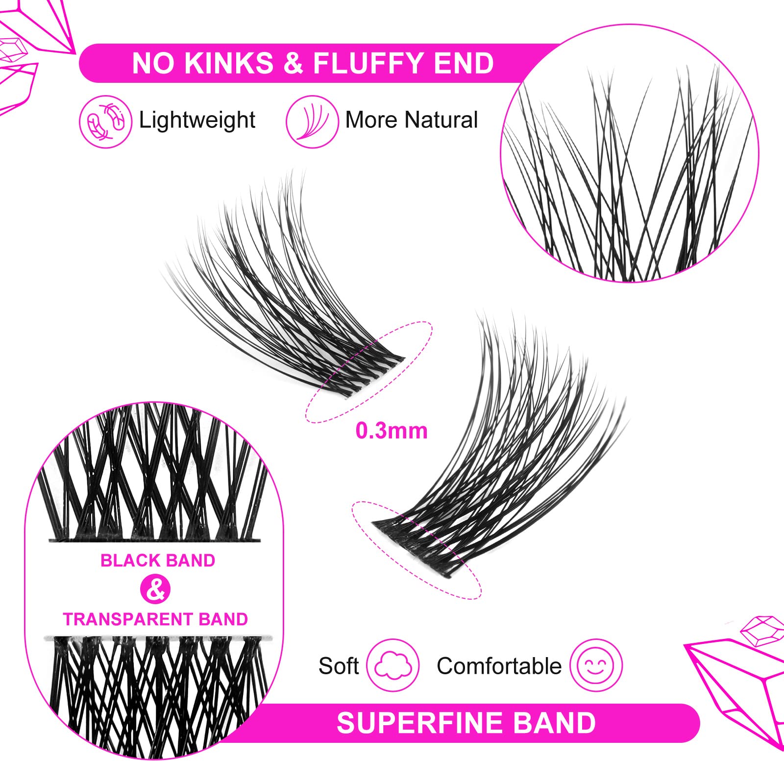 CAELYMINE DIY Eyelash Extension,Cluster Individual False Eyelashes Extension Natural Look Reusable Glue Bonded Black Super Thin Band 24 Lash Clusters Mix(703)