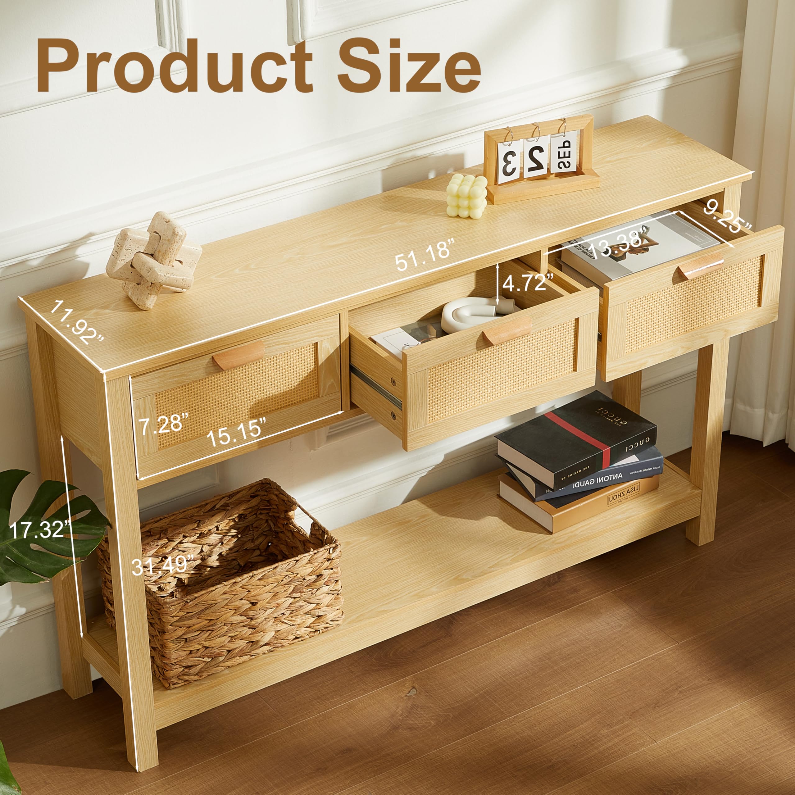 Chilihom Rattan Console Table with 3 Drawers, Boho Entryway Table with Storage, Narrow Long Sofa Table with Open Shelf, Foyer Table Hallway Table Behind Couch Table for Living Room, Natural Wood