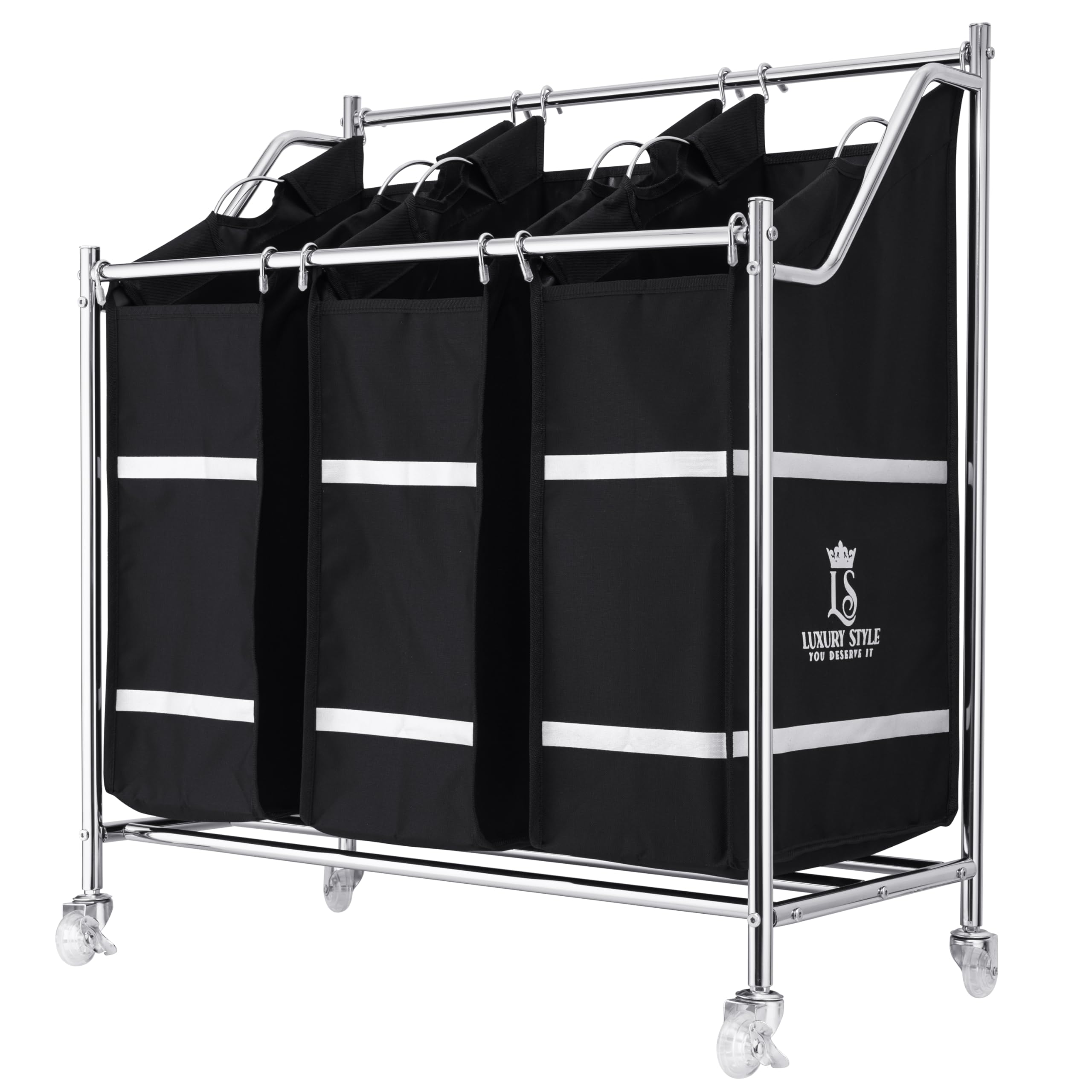 LUXURY STYLE 3- Sections Laundry Sorter, Roling Laundry Cart, Modern Golden Laundry Hamper, 3-Bags Laundry Hamper with Wheels, Laundry Basket, XL Hamper for Clothes, Toys, and Towels (Elegant Silver)