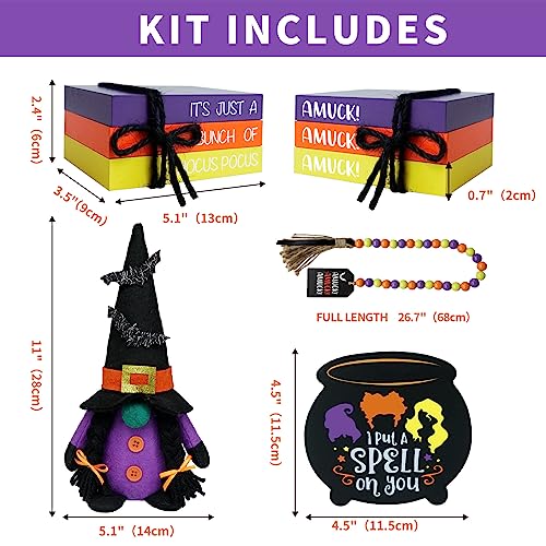 Halloween Decorations - Halloween Gnome Tiered Tray Decor - Hocus Pocus Wood Book Stack Sign Witches Cauldron Halloween Beads Garland Halloween Decorations for Home Halloween Fall Decorations Indoor