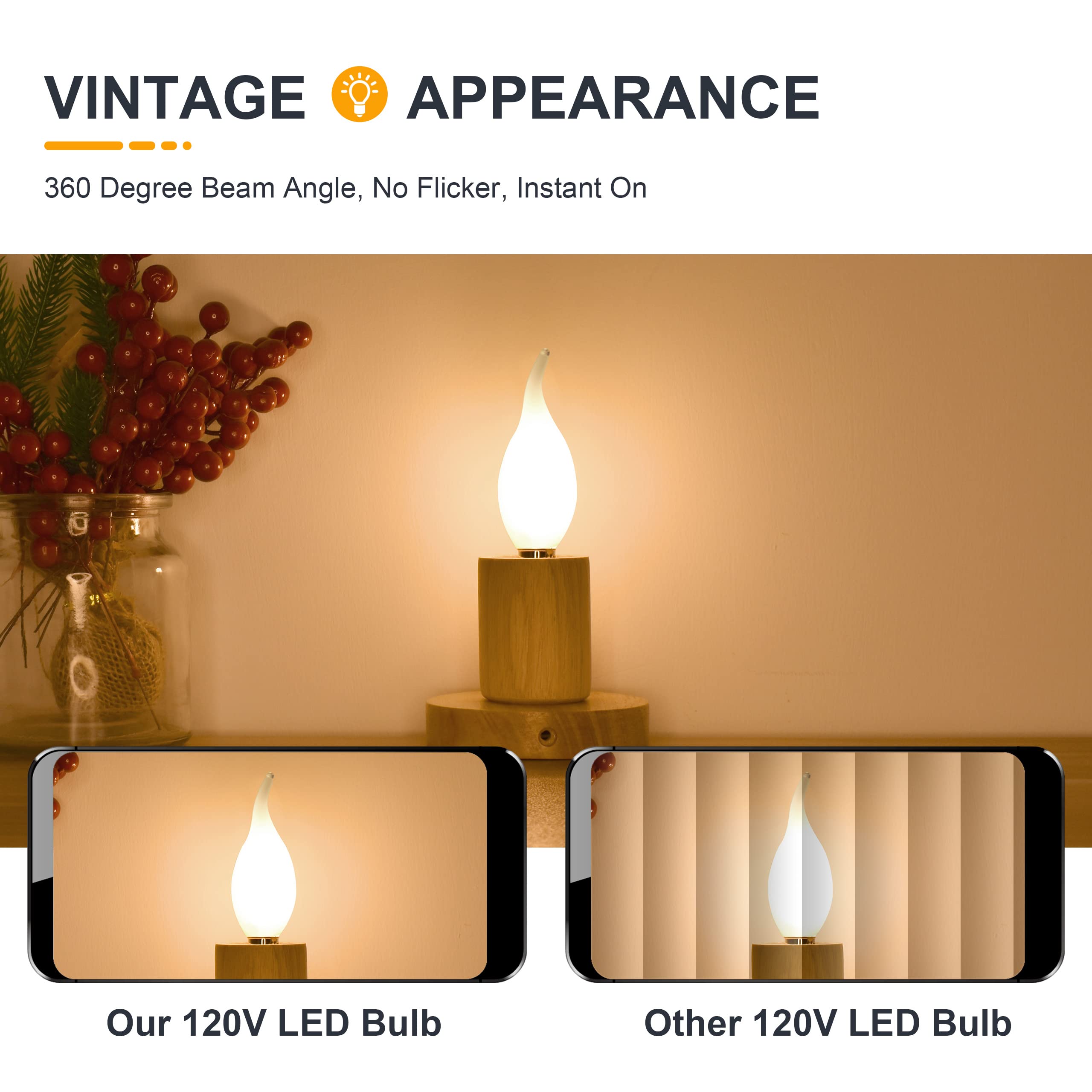 Frosted E12 Candelabra Bulb 25W Equivalent LED Chandelier Light Bulbs- 2W Dimmable E12 LED Bulb- 2700K Soft Warm- CA10 Flame Tip Candle Bulbs for Bedroom, Living/Dining Room, Wall Lantern- 3 Count