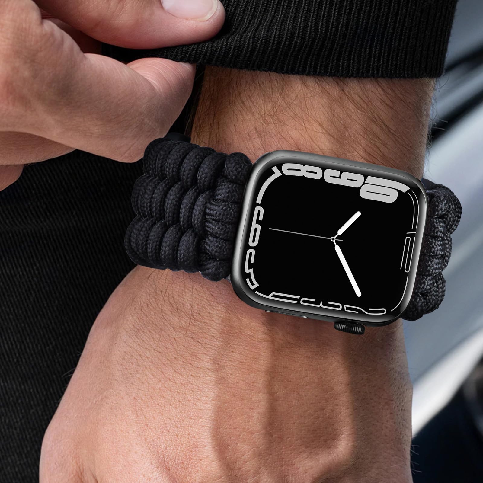 CAGOS Compatible with Apple Watch Band 49mm 45mm 44mm 42mm, Rugged Survival Paracord Nylon Strap Braided Sport Loop for iWatch Bands Ultra 2 Series 9 8 7 6 5 4 3 2 1 SE Men, Black L