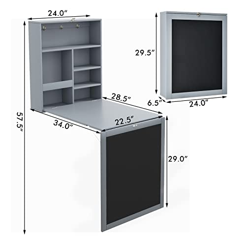 IFANNY Folding Wall Desk, Wall Mounted Fold Out Desk with Storage Shelves & Hooks, Hideaway Desk Wall Mount with Chalkboard, Floating Corner Desk for Small Spaces (Gray)