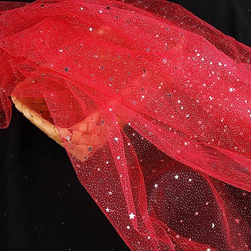HAVII 54" x 5 Yards Red Glitter Tulle Rolls Silver Star Moon Sequin Tulle Fabric Bolt for Tutu Skirts DIY Sewing Craft Party Stage Home Background Decoration