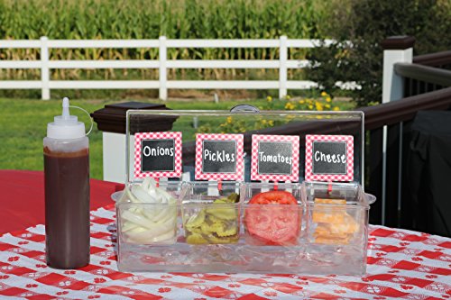 Oaklyn Large Clear Condiment Server Organizer on Ice with Containers and Lid β BPA-Free Serving Bar Compartments and Plastic Box Tray β Chilled Caddy Dispenser Set - Holds 80 oz Total
