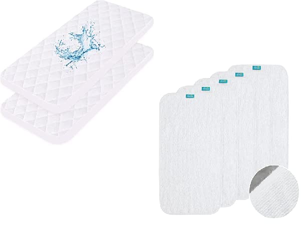 Changing Pad Liner 5 Count, Waterproof Larger Changing Pad Cover 28" X 15", Cotton Terry (Solid Improved Thickness) / Waterproof Bassinet & Bedside Sleeper Mattress Pad Cover, Multiple Sizes, 2 Pack