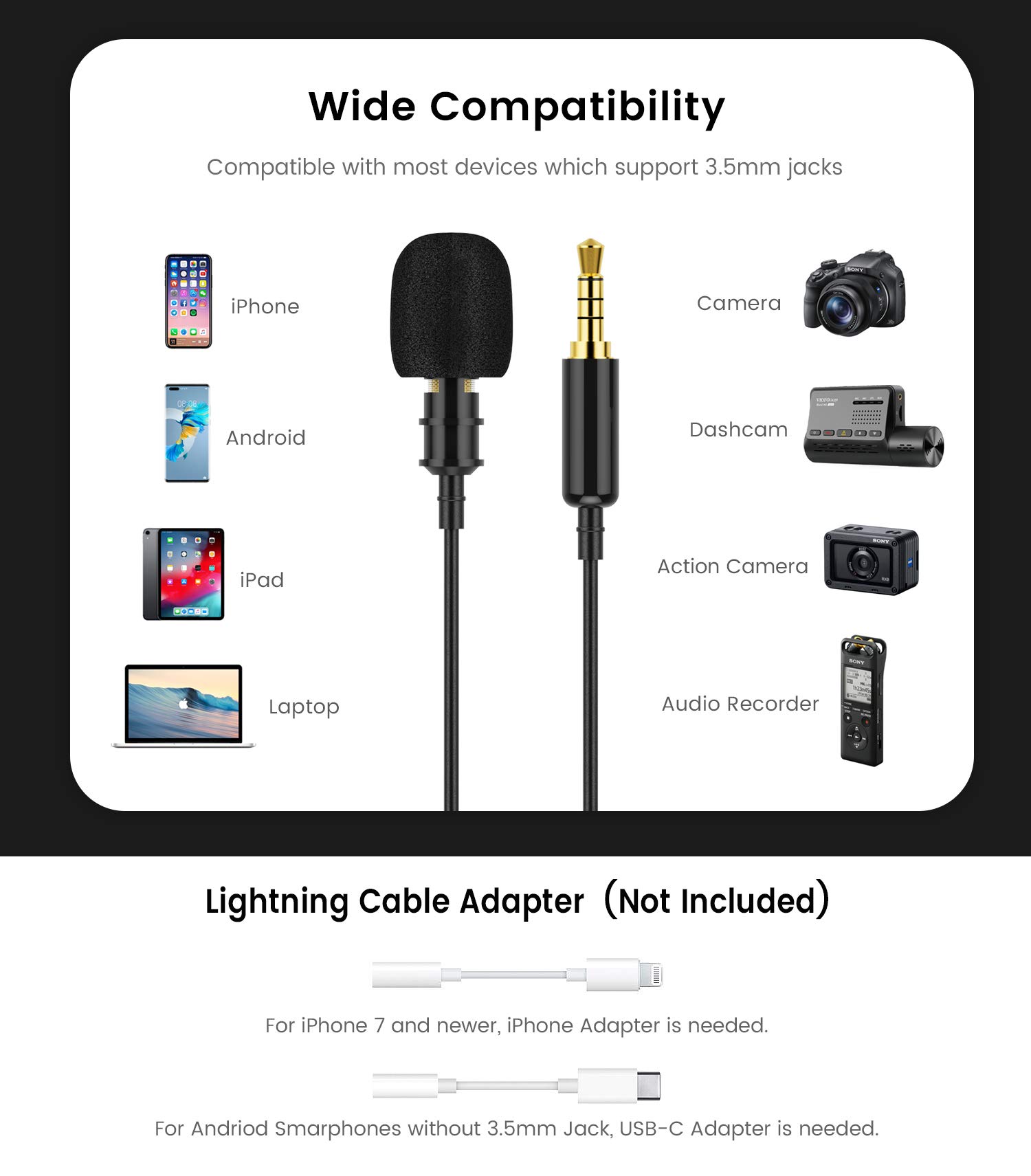 VIOFO Professional Lavalier Lapel Microphone Kit Omnidirectional Lavalier Mic Compatible with iPhone Android Smartphone, Laptop, PC, DSLR for YouTube, Podcast, Interview, Video Conference