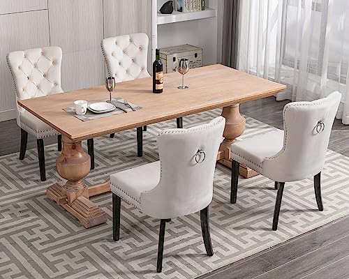 KCC Velvet Dining Chairs Set of 4 (Renewed), Upholstered High-end Tufted Dining Room Chair with Nailhead Back Ring Pull Trim Solid Wood Legs, Nikki Collection Modern Style for Kitchen, Beige