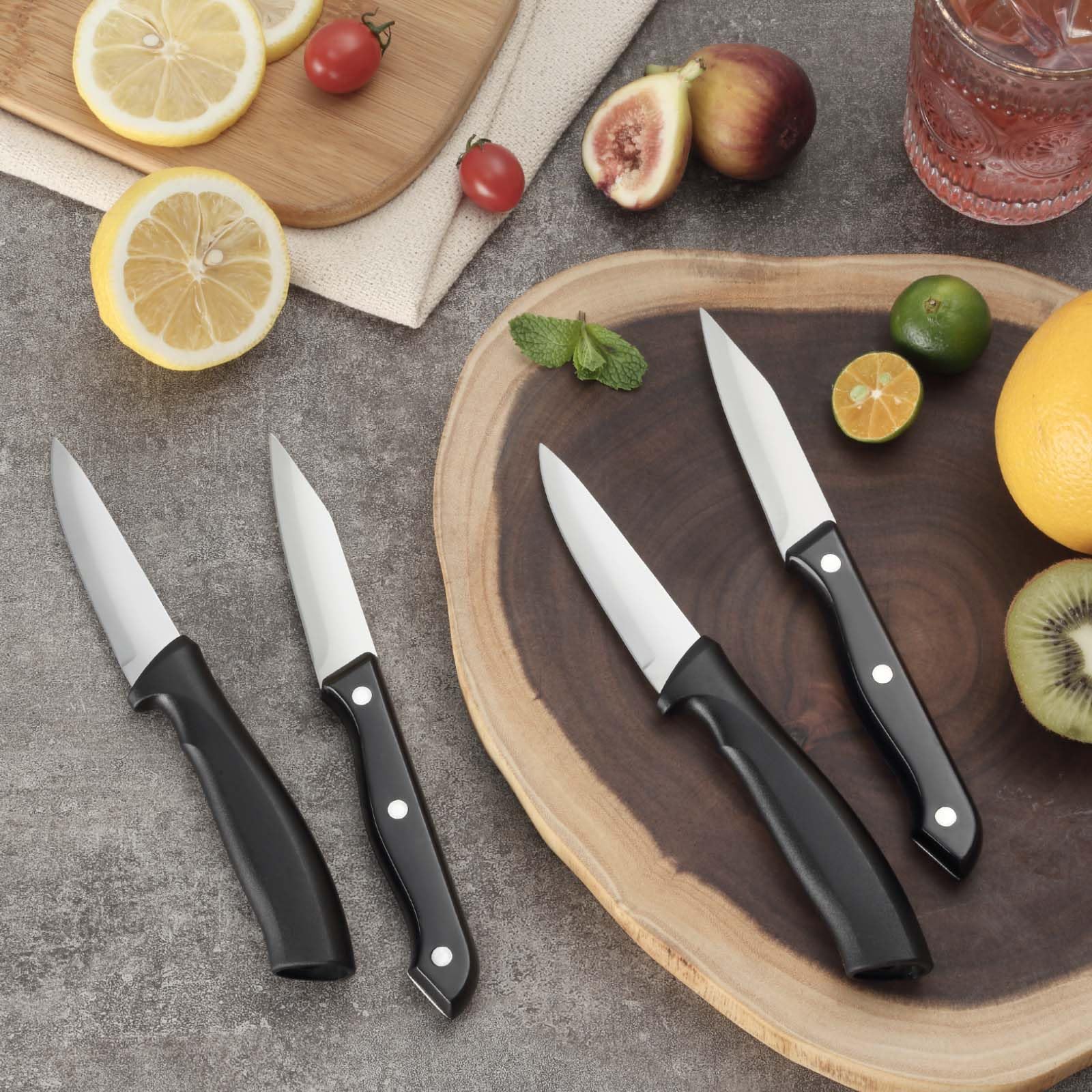 BEWOS 4-Piece Paring Knife Set, 3.5 Inch Paring Knives with Ergonomic Handle, Triple Rivet Paring Knife, Cutting Knife & Peeling Knife for Vegetable and Fruit, Kitchen Knives, Stainless Steel/Black