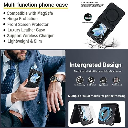 Gufiire for Samsung Galaxy Z Flip 5 Case with Hinge Protection, Front Screen Protector, Carbon Fiber Texture Leather Case Compatible with MagSafe Full Protection Phone Case for Galaxy Z Flip5 (Black)