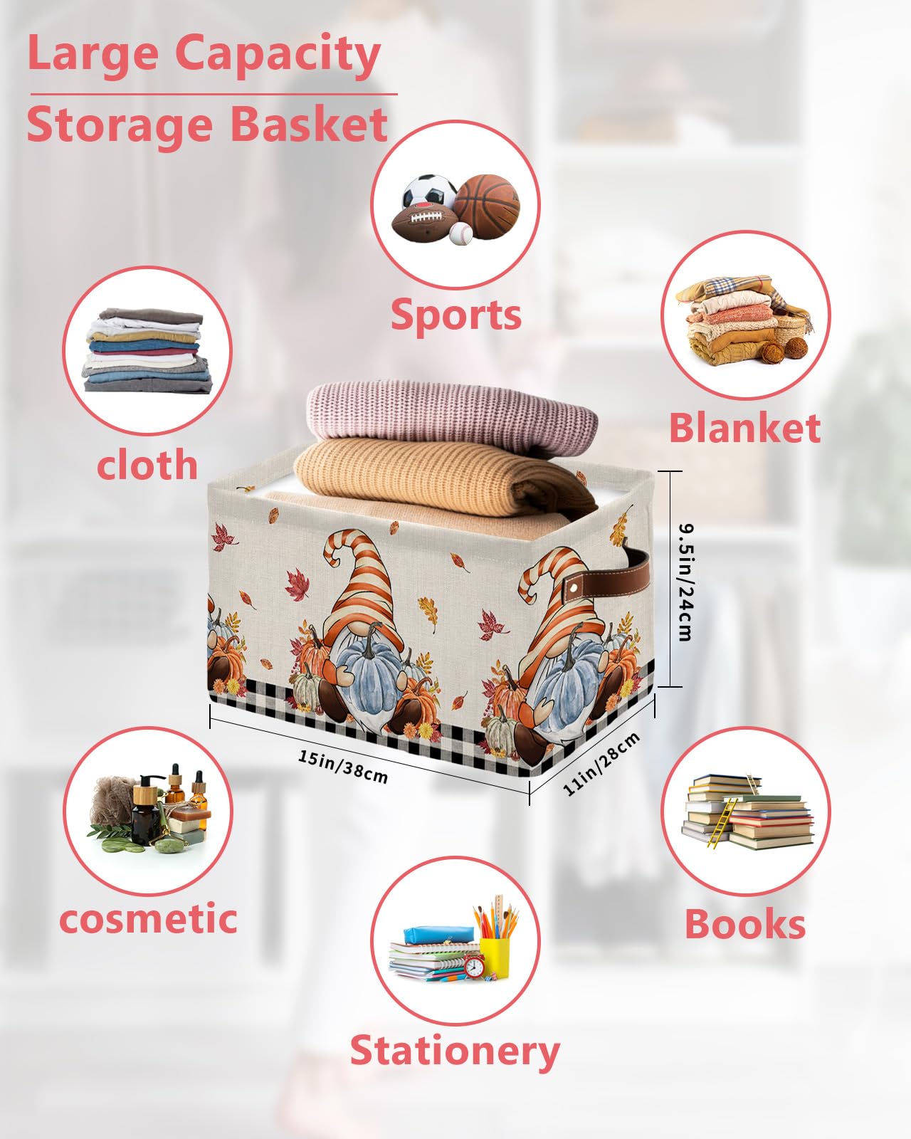Storage Basket Fall Gnome Fall Bakets Foldable Storage Bins Collapsible with Handles Autumn Pumpkin Black Buffalo Plaid Laundry Baskets for Organizing Shelves Closet Toy Gifts Bedroom Home Decor