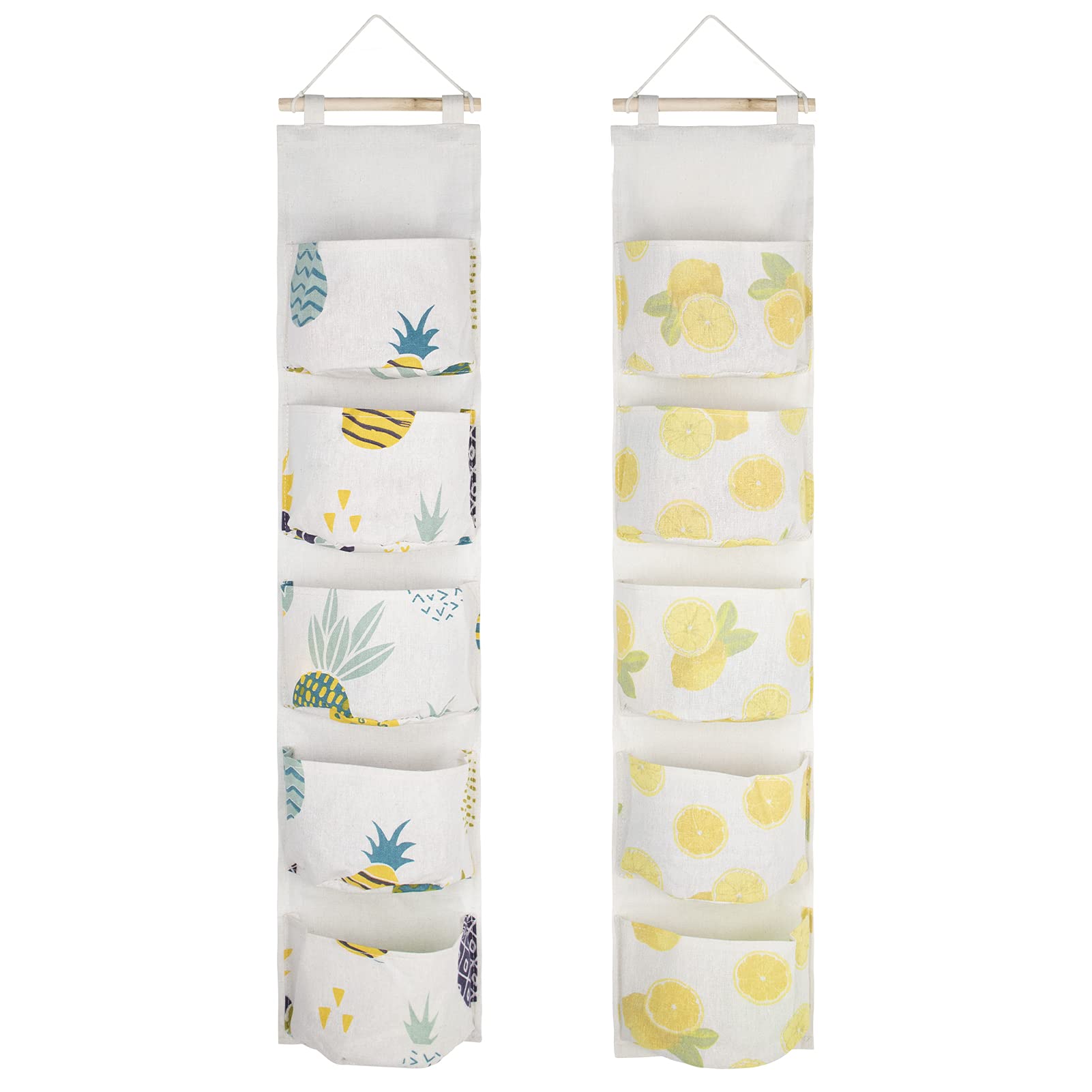 LASZOLA 2Pcs Over The Door Hanging Storage Bag, Waterproof Wall Closet Organizer Linen Fabric Stylish Mount Organizer with 5 Pockets for Bedroom Bathroom Kitchen (Pineapple+Lemon)