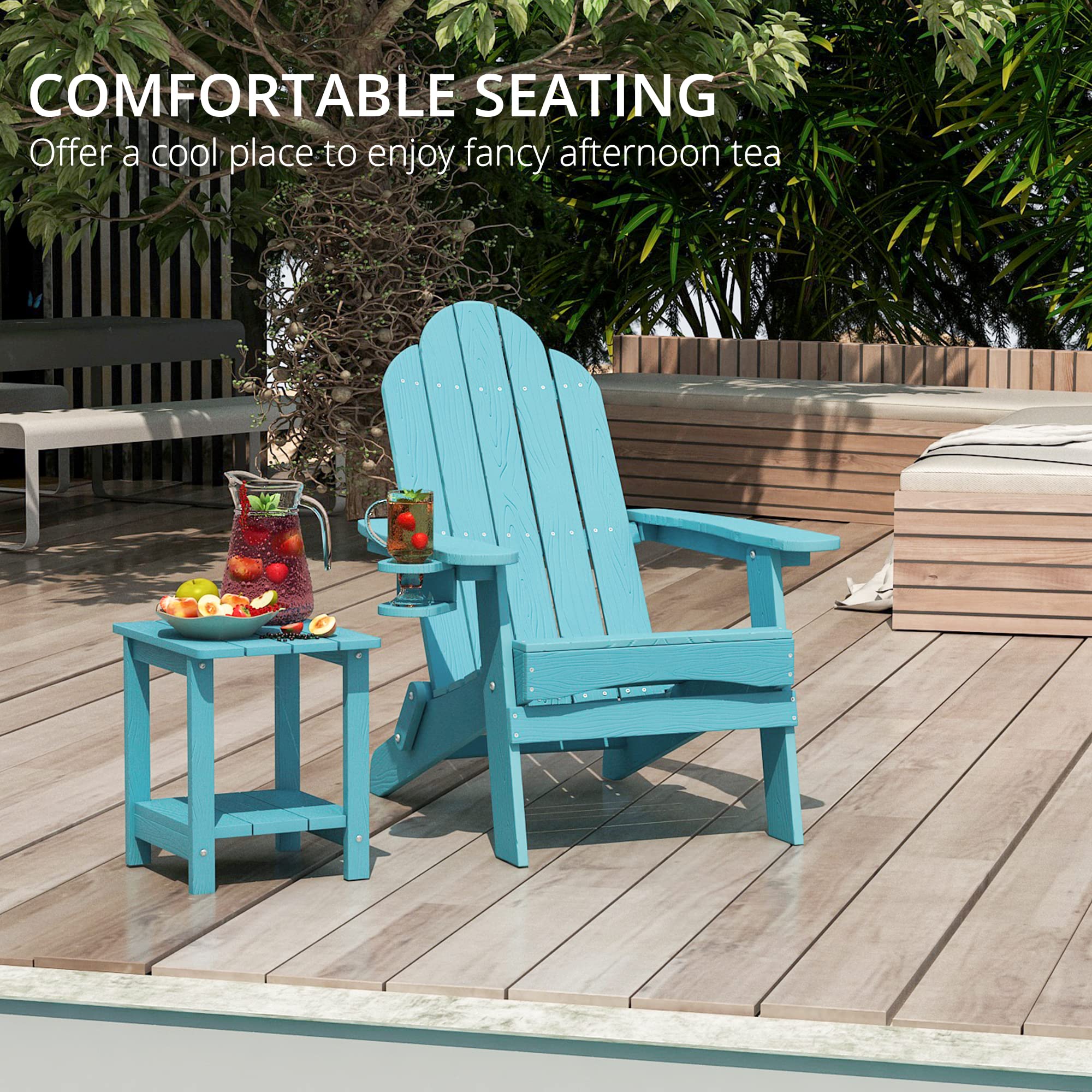 LUE BONA Folding Adirondack Chair Set of 4, Blue Turquoise HDPS Fire Pit Patio Chairs Weather Resistant, Modern Plastic Outdoor Chairs with Cup Holder