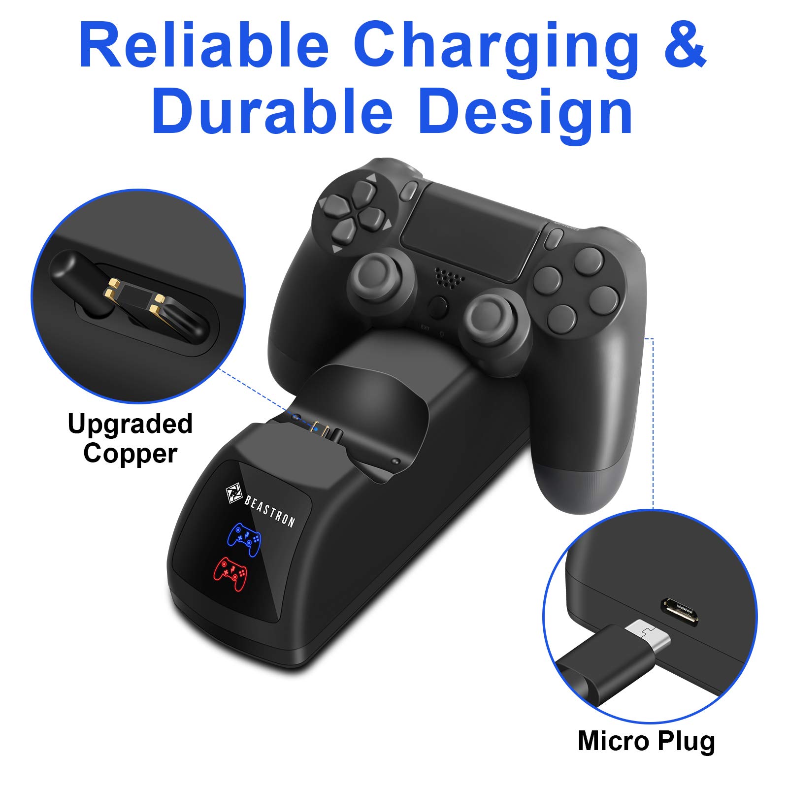 Beastron Dual USB Charger Station Dock for Sony PS4 Controller, Dual Charging Back Stand Docking Station with LED Light Indicator, Compatible with Playstation 4 PS4, Black