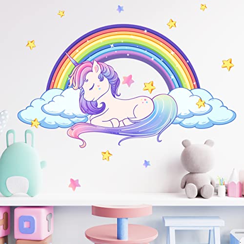Unicorn Wall Decals Art Rainbow Wall Decals Waterproof Unicorn Wall Stickers with Star Cloud Peel and Stick Rainbow Stickers for Girls Kids Bedroom Nursery Playroom Decor (Unicorn)