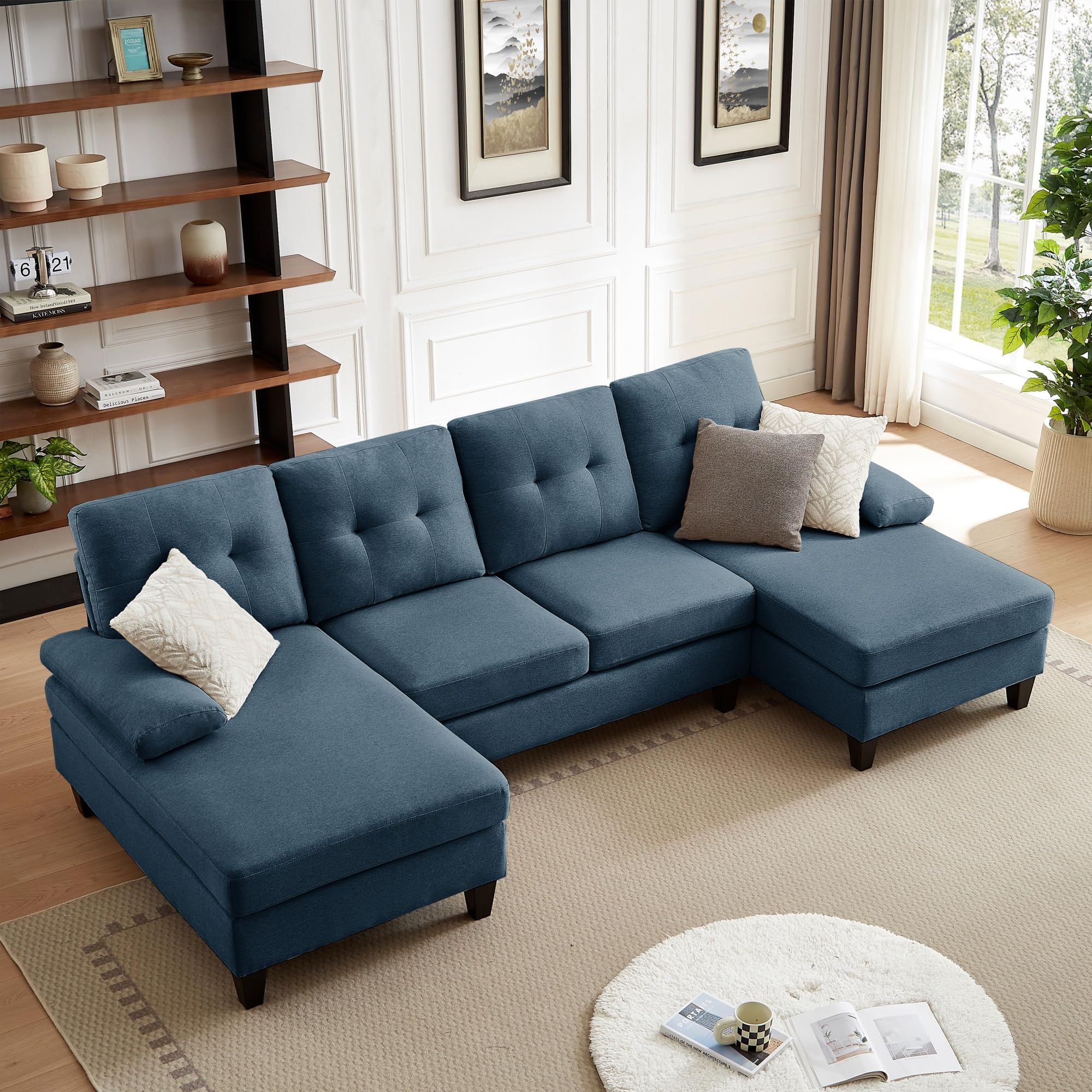 Chireca 111" Sectional Couch for Living Room, Modern Polyester Fibre U Shaped Sofa Couches with Double Chaise, Upholstered 4 Seater Sofa for Living Room, Apartment, Office, Dark Green