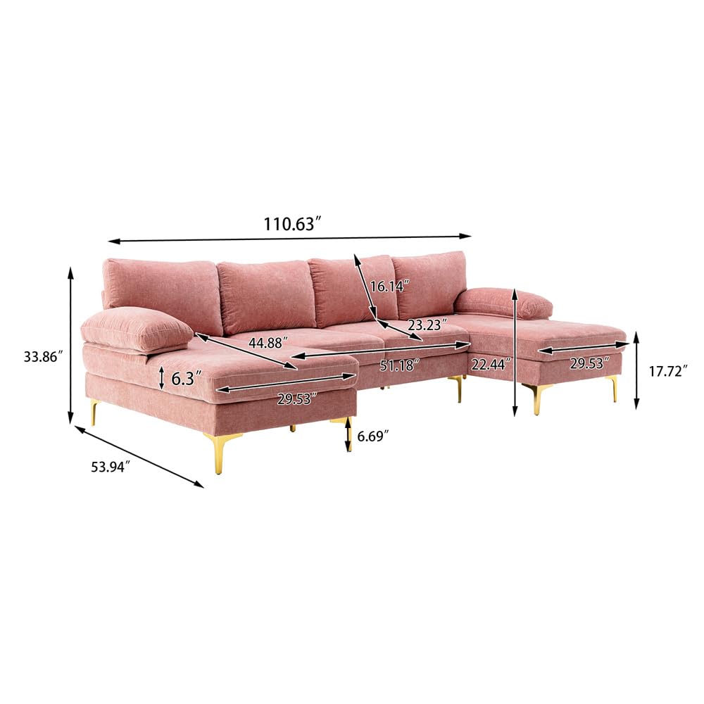 Convertible Sectional Sofa with Double Chaise Lounge, 110.63" U-Shaped Accent Sofa with 2 Arm Pillows and Golden Metal Legs, Modern Fabric Upholstered Sectional Sofa for Apartment Office, Pink