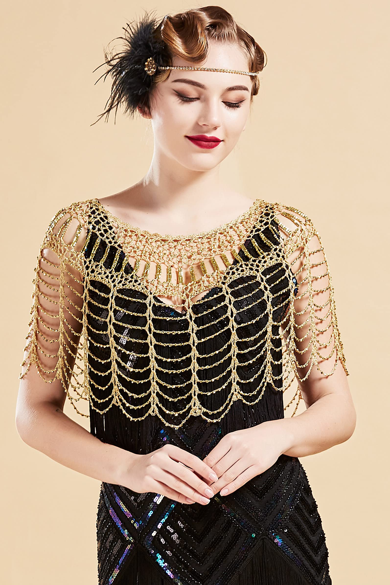 BABEYOND 1920s Shawl Wraps Gatsby Beaded Evening Cape Bridal Shawl Bolero Flapper Cover Up (Gold)