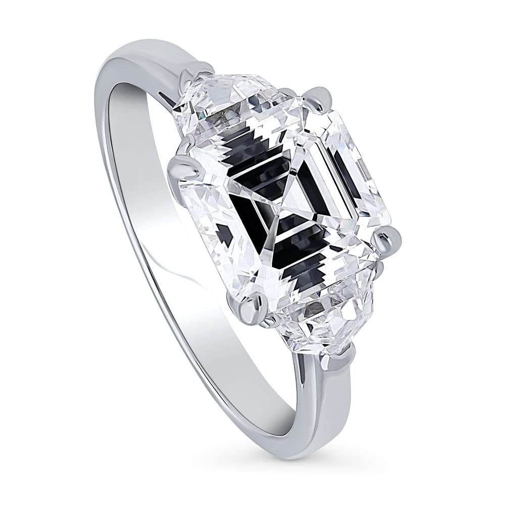 BERRICLE Sterling Silver 3-Stone Wedding Engagement Rings Asscher Cut Cubic Zirconia CZ Ring for Women, Rhodium Plated Size 8