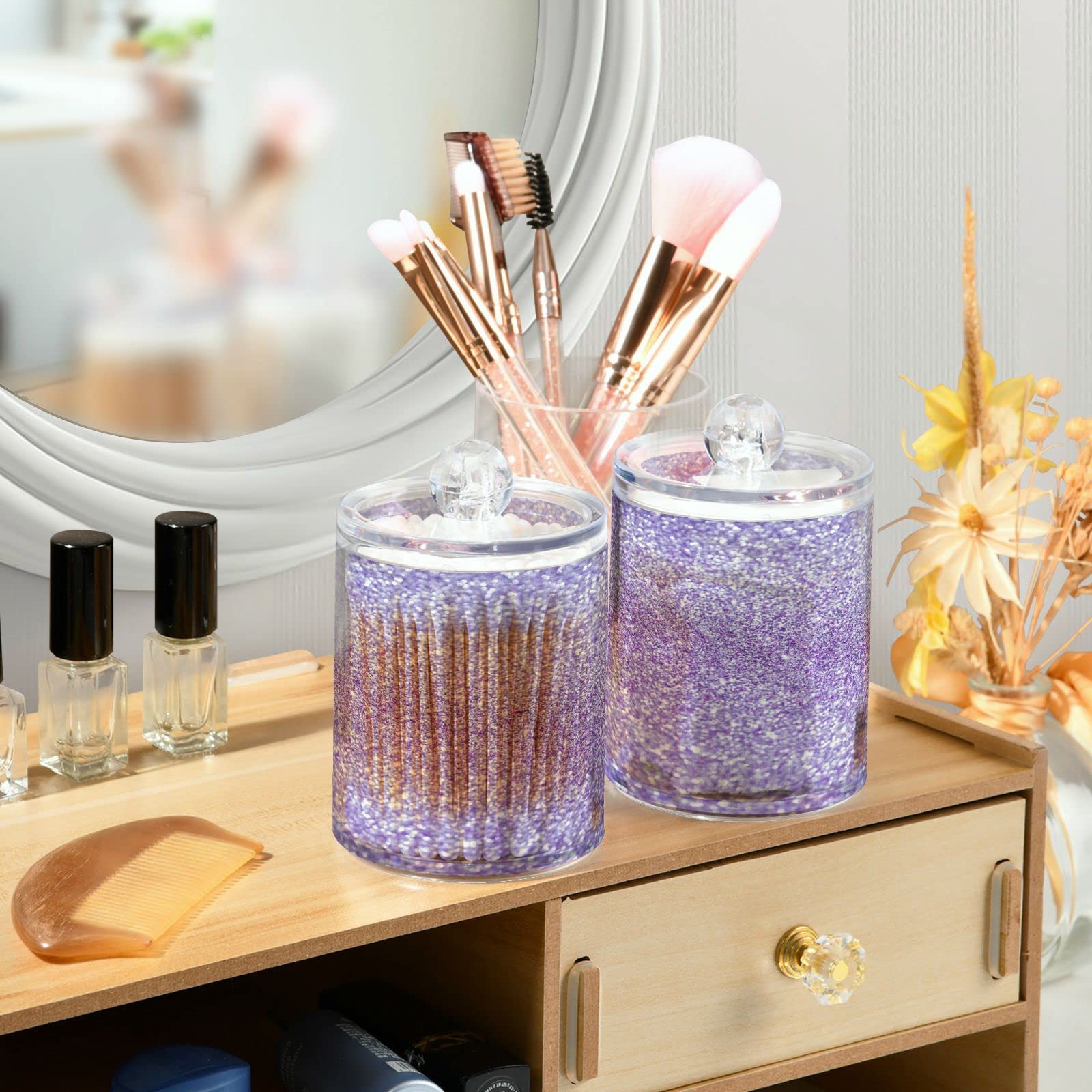 Purple Glitter Qtip Holder Dispenser Girly Bling Bathroom Canister Storage Organization 2 Pack Clear Plastic Apothecary Jars with Lids Vanity Makeup Organizer For Cotton Swab Ball Floss