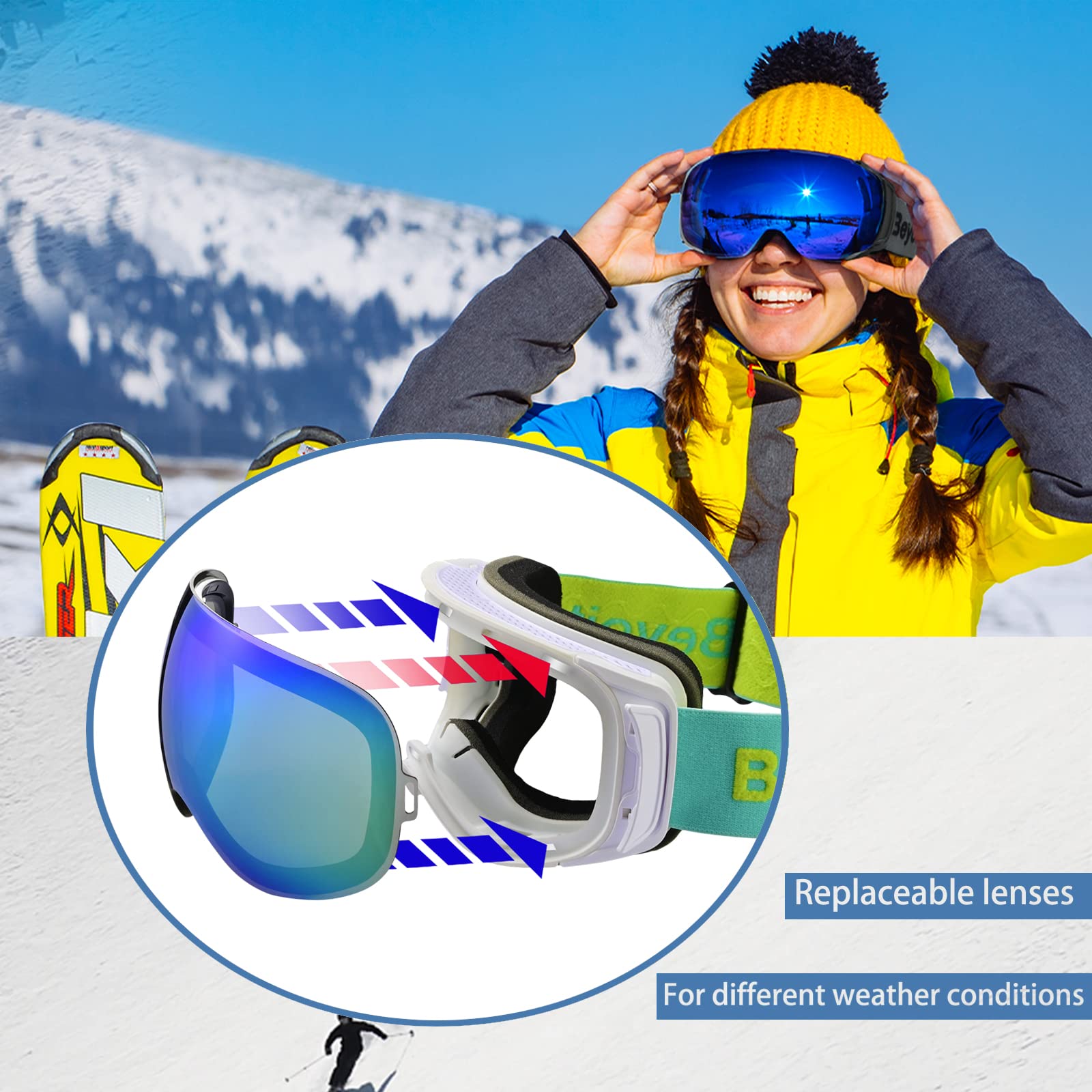 Beyoitz Ski Goggles OTG Snow Goggles Interchangeable Lens with UV Protection Snowboard Goggle for Men & Women Adults