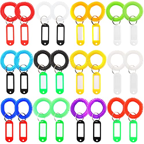 H&W 24pcs Plastic Stretchable Spring Coil Key Chain-Spiral & 24pcs Key Tags, Coil Wrist Keychain for Gym Pool ID Badge Sauna Outdoor Activities with Tags Split Ring Label