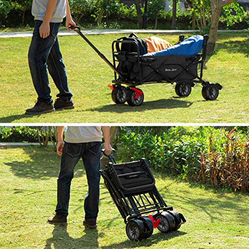 BEAU JARDIN Collapsible Folding Beach Wagon Cart 350lbs Foldable All Terrain Wagon 100L Utility Camping Grocery Portable Outdoor Garden Sport Shopping Heavy Duty Push Pull Wagon Black