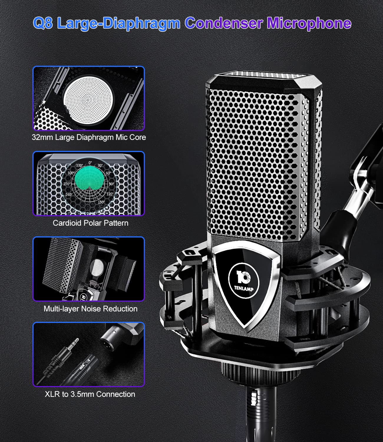 Podcast Equipment Bundle, tenlamp Q8 Podcast Microphone with Sound Board Voice Changer Mixer Controller, Studio Live Sound Card Kit for PC Smartphone Recording Live Streaming