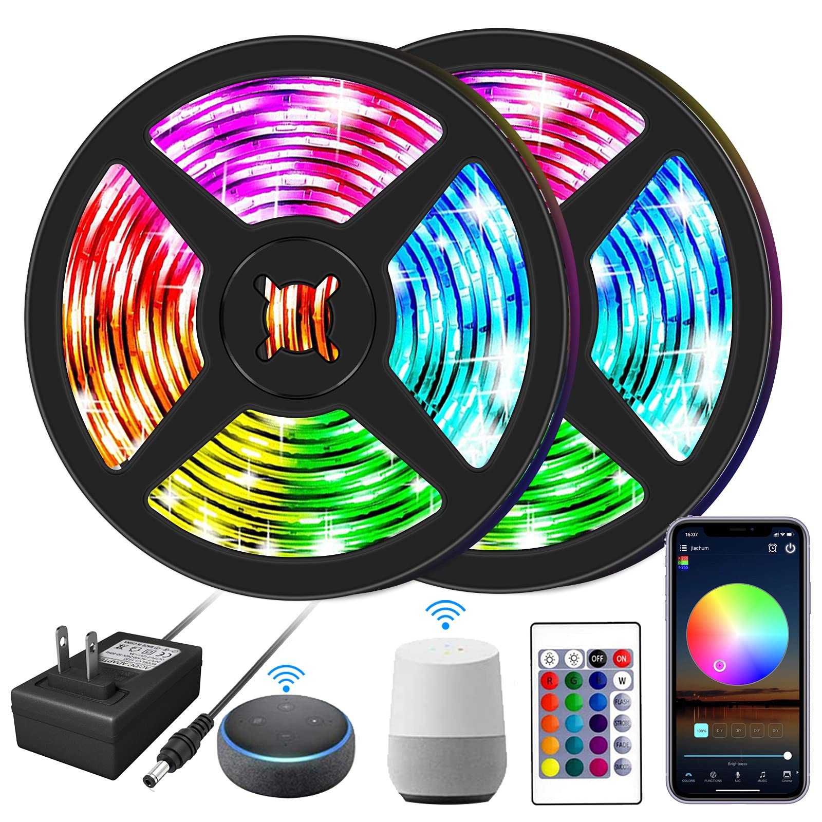 Beloksny LED Strip 32.8ft Work with Alexa Google Home, RGB LED Lights WiFi Wireless Smartphone to Control Room, Kitchen, Home Party Music Sync…