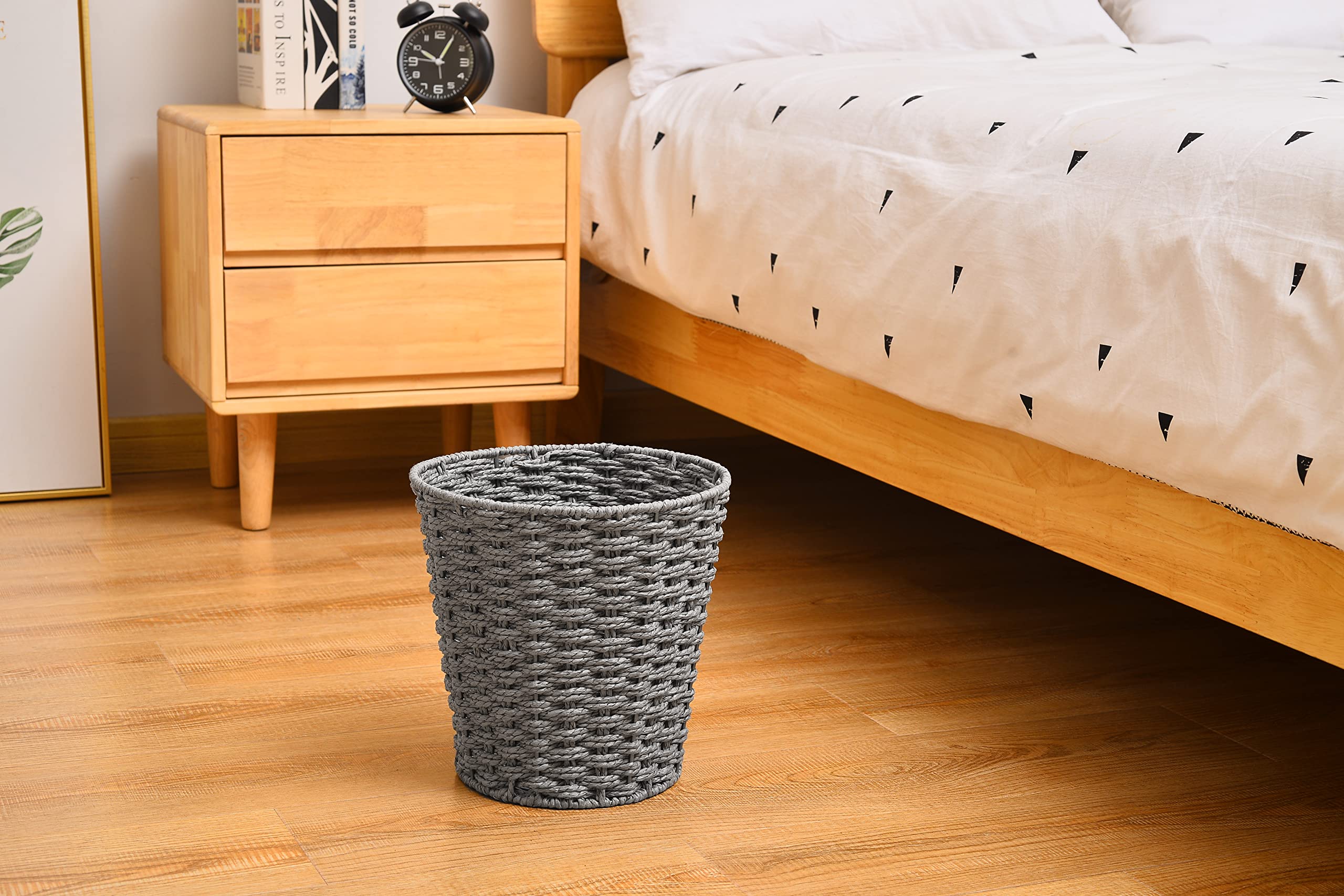 Zuvo Round Wicker Waste Basket Paper Bin - Wicker Trash Basket - Woven Trash Can Rubbish Basket for Bedroom, Bathroom, Offices or Home (Grey)