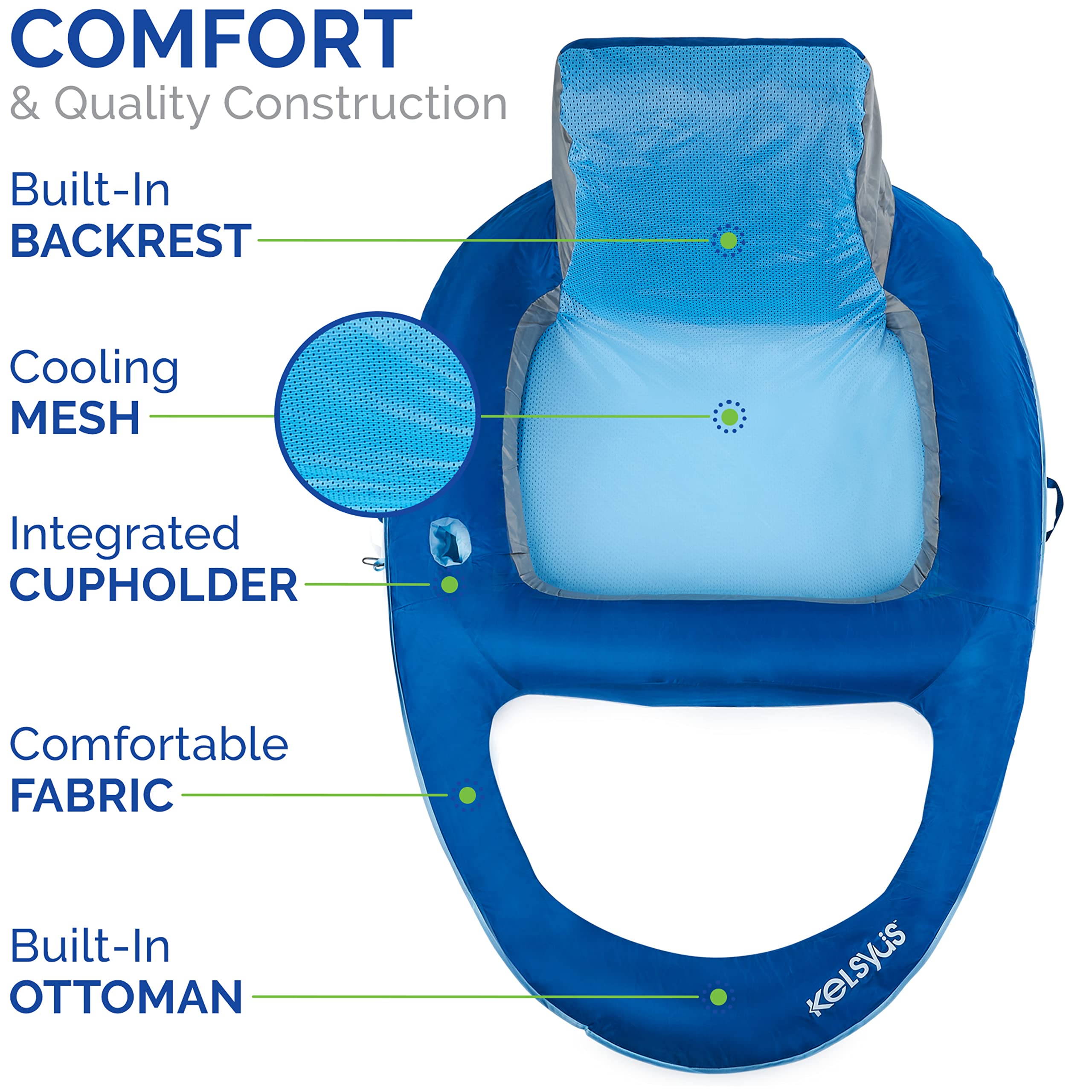 Kelsyus Premium Floating Lounger XL with Fast Inflation, Inflatable Recliner Chair, Lake & Pool Float for Adults with Cup Holder, Amazon Exclusive