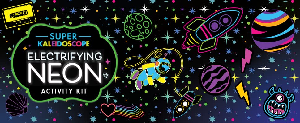 Hinkler Super Kaleidoscope - Electrifying Neon Activity Kit - Space Themed Coloring Book with Neon Stationery and Stickers - Rocket Keyring - Arts and Craft Kits for Kids Aged 6 to 12