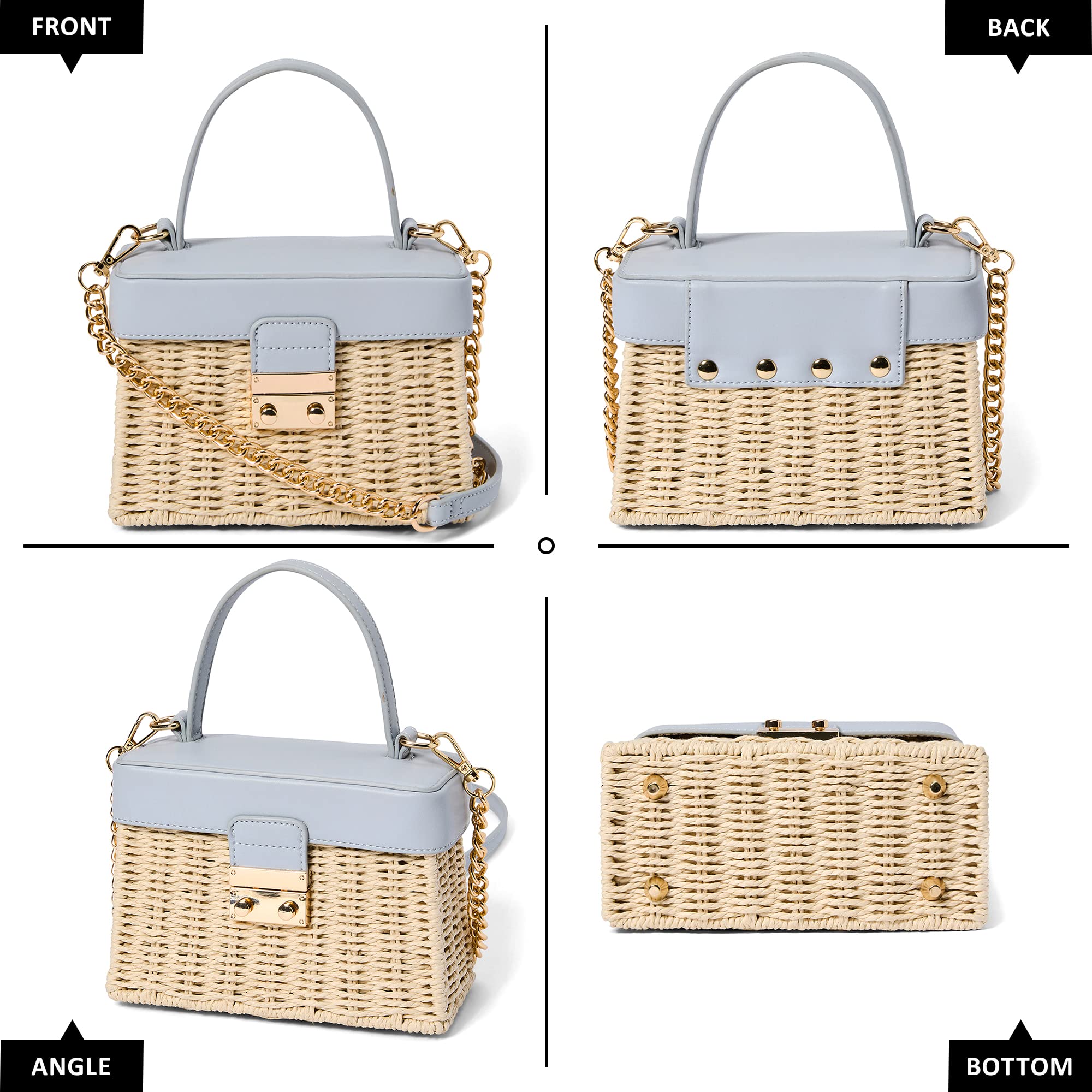 Like Dreams Small Summer Bag for Women Woven Straw Crossbody Vegan Leather Top Handle Plaid Inner Purse (Soft Blue)