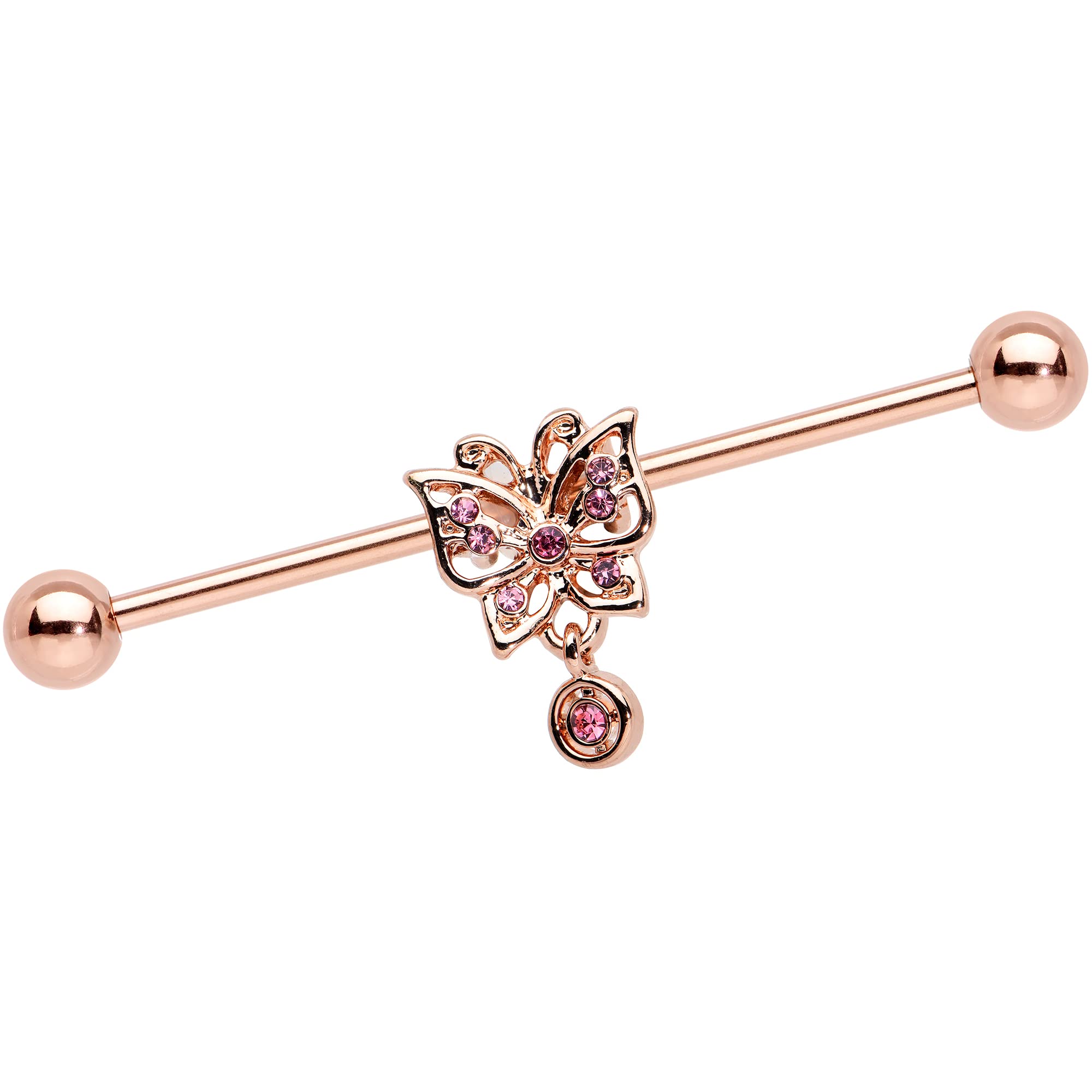 Body Candy 14G Plated Steel Helix Cartilage Earring Rosy Clear Butterfly Dangle Industrial Barbell 1 1/2"