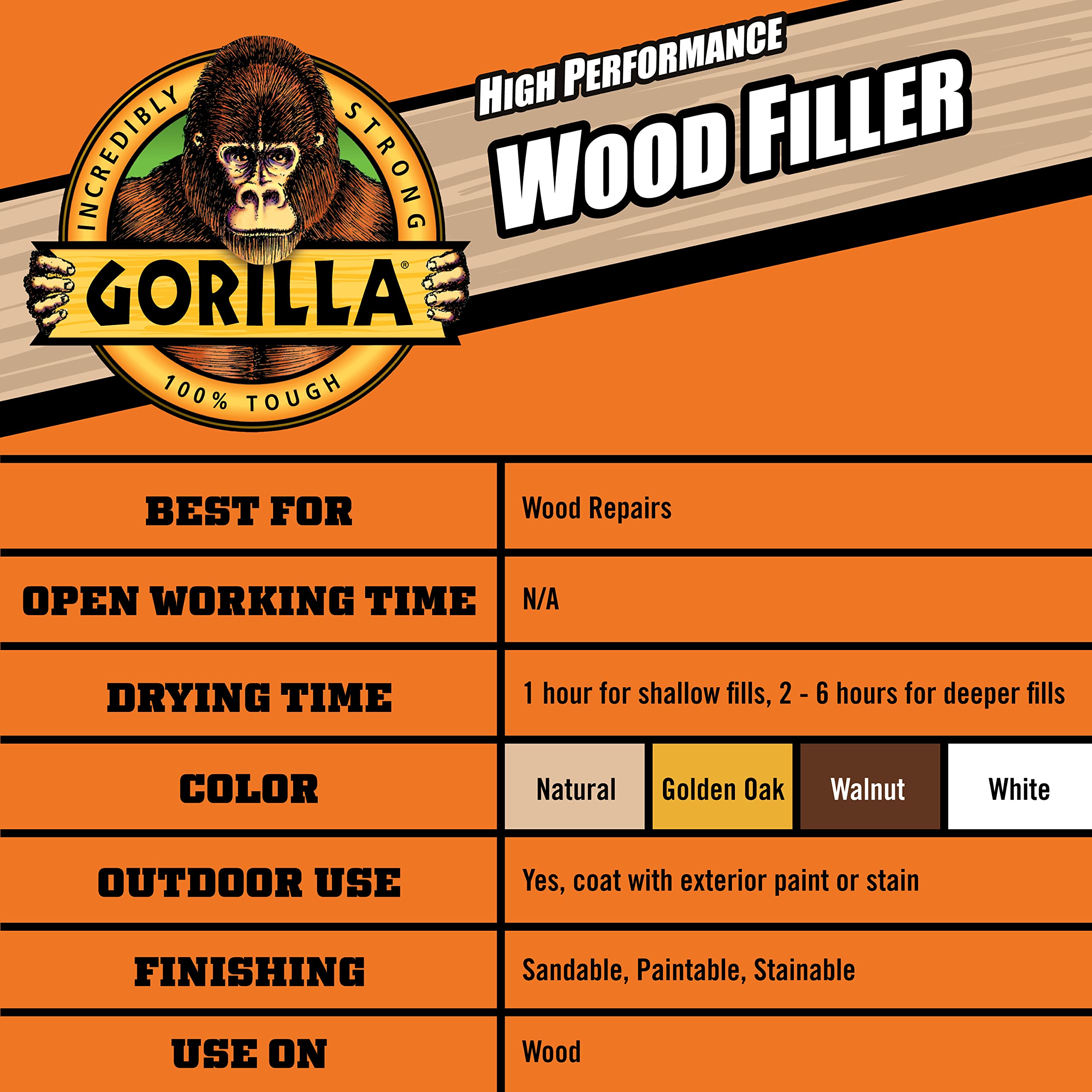 Gorilla All Purpose Wood Filler, 6oz Tube, Walnut (Pack of 1)