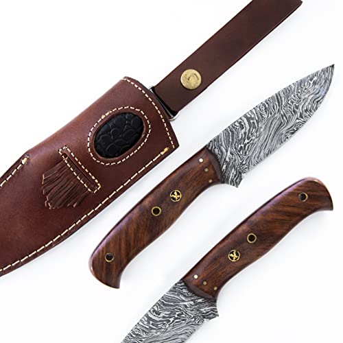 BIGCAT ROAR Handmade Damascus Hunting Knife - Bushcraft Fixed Blade Hunting Knife with Sheath and Walnut Wood Handle - 9″ EDC Skinning Knife - Little Champ
