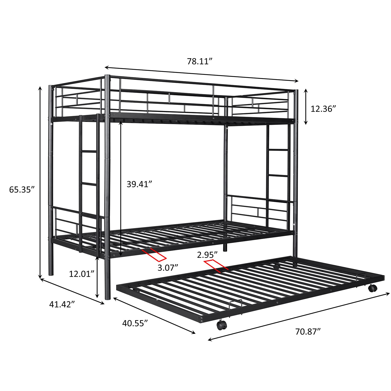 CALABASH Twin Over Twin Metal Bunk Bed with Trundle Heavy Duty Twin Size Bunk Beds Frame with 2 Side Ladders,Bunkbed with Safety Guardrails for Adults,Boys,Girls (New Black)
