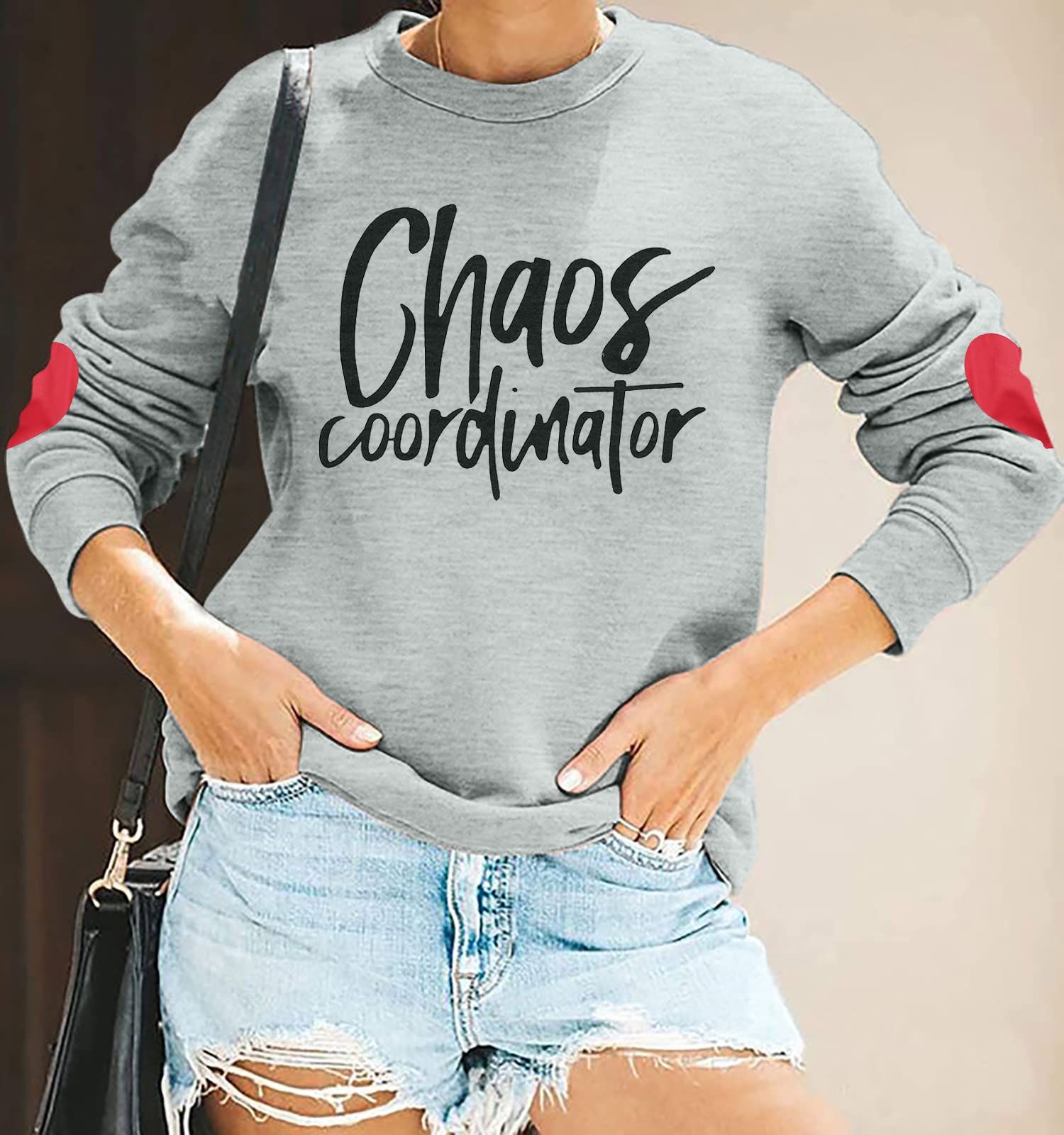 ASTANFY Women Chaos Coordinator Pullover Sweatshirts Teacher Cute Funny Heart Letter Print O Neck Blouse Grey