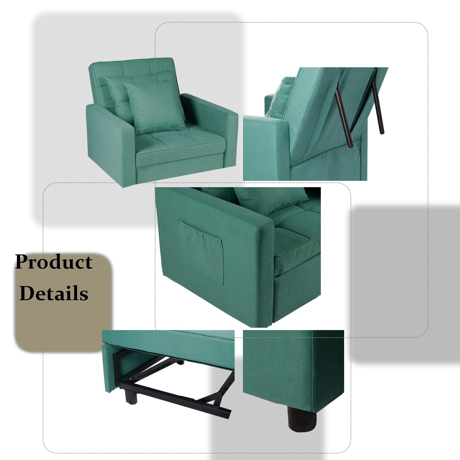 Polar Aurora Sofa Bed Chair 3-in-1 Convertible Chair Bed, Lounger Sleeper Chair, Single Recliner for Small Space with Adjustable Backrest (Green)